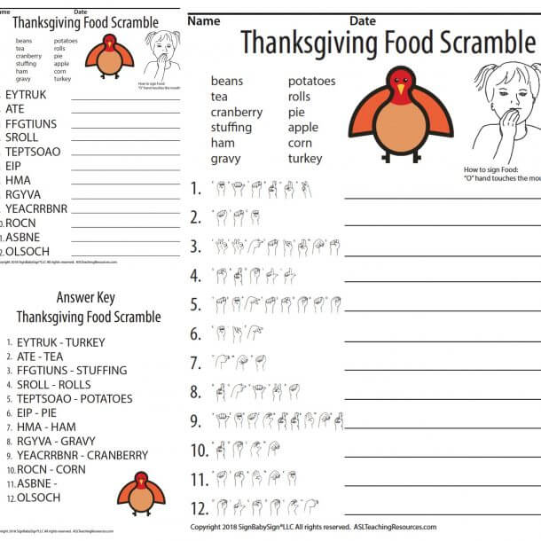 Thanksgiving Food Scramble - ASL Teaching Resources