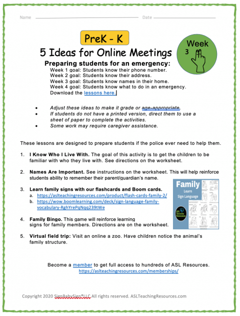 5 Ideas for Online Learning PreK-K Week 3 - ASL Teaching Resources