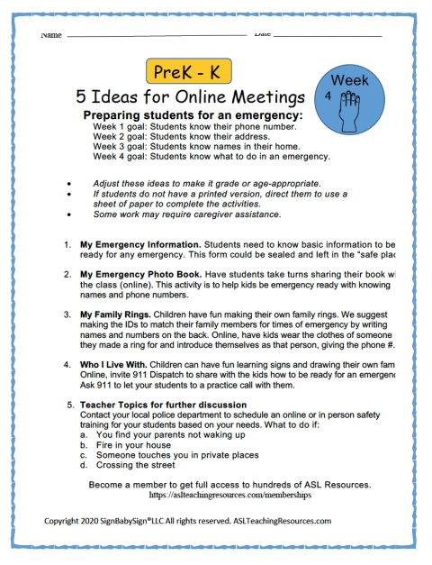 5 Ideas for Online Learning PreK-K Week 4 - ASL Teaching Resources
